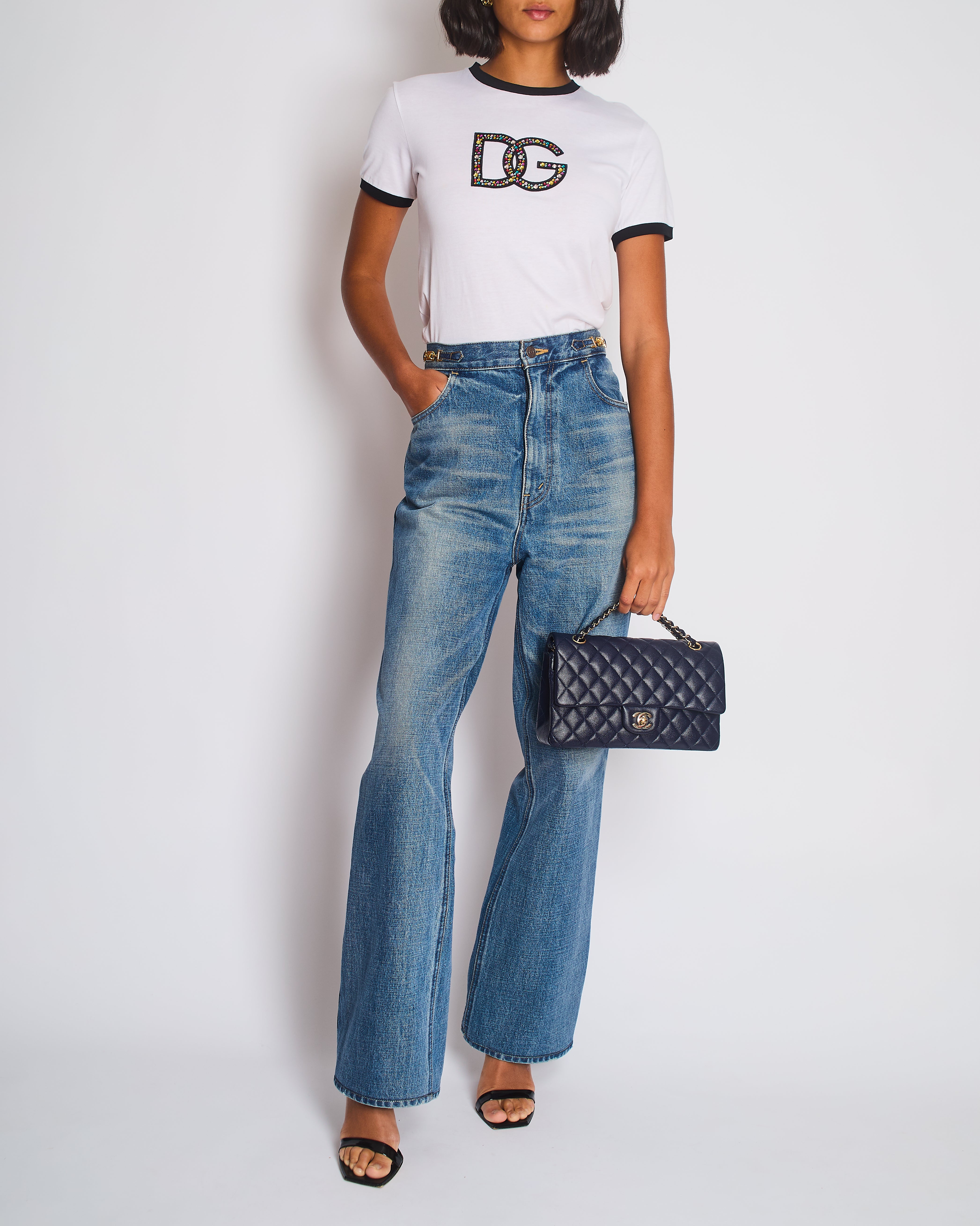 Celine Blue Washed Straight Leg Jeans with Triomphe Chain Waist Detail ...