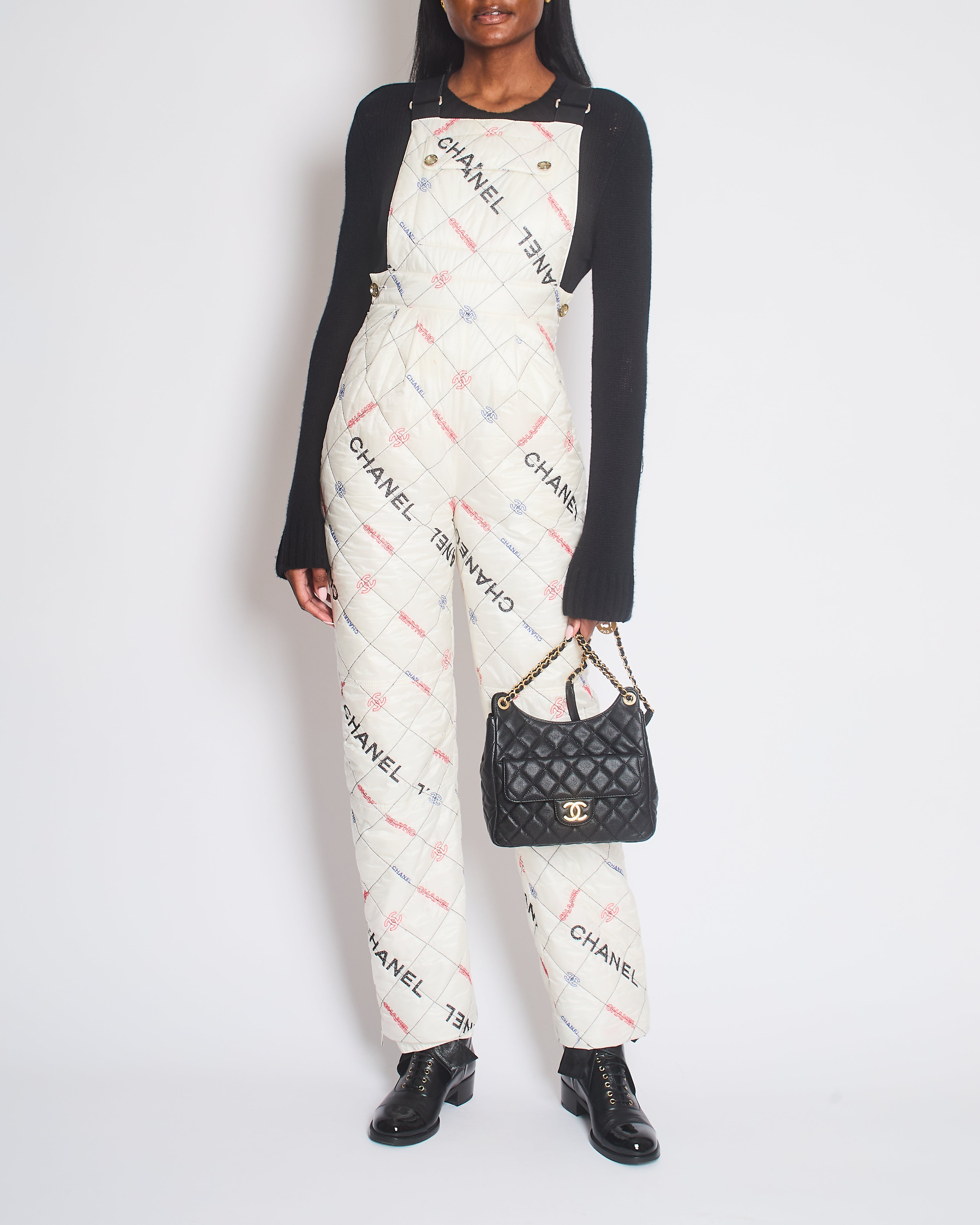 Chanel Fall 2021 White Quilted Ski Jumpsuit with Crystal Logo Details ...