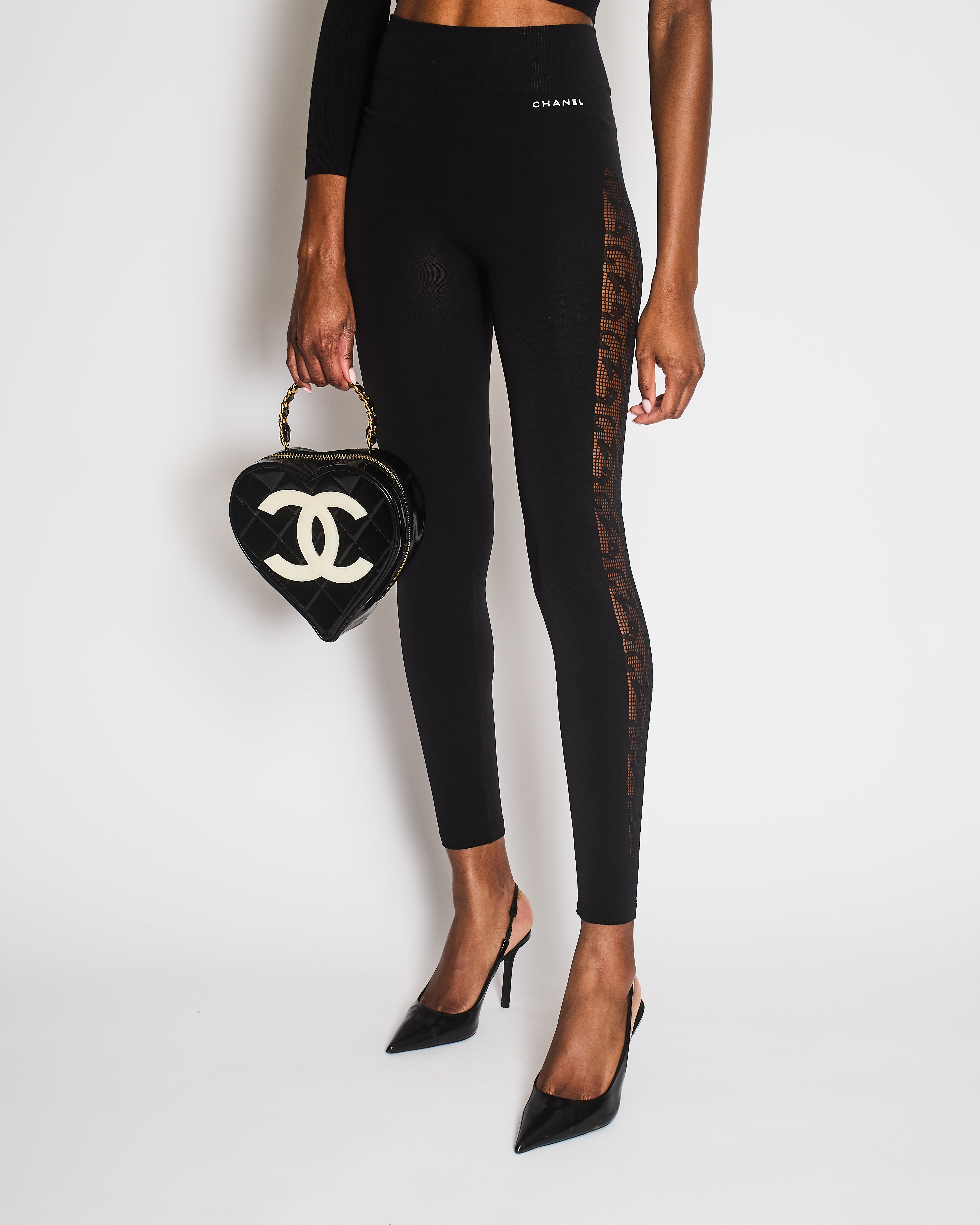 Chanel Black Leggings with Perforated Side Bands Details and White Log ...