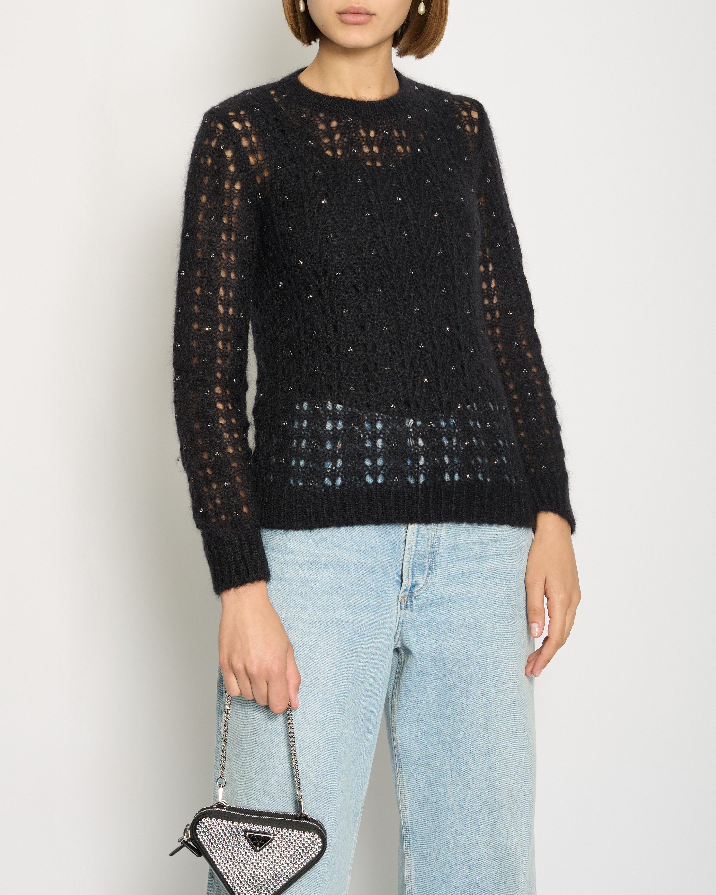 Saint Laurent Black See-Through Jumper with Silver Crystals Details Si ...