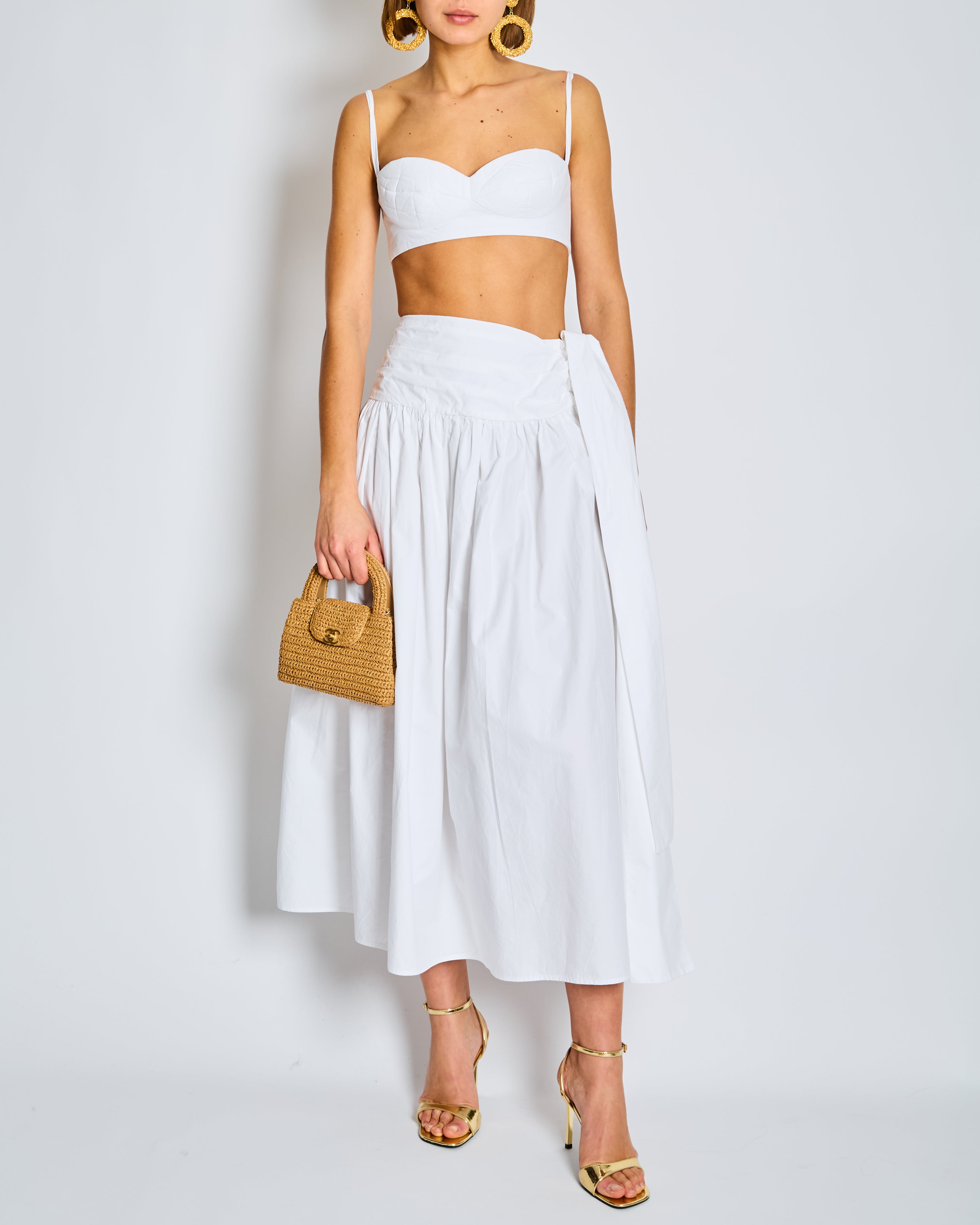 Magda Butrym White Linen Bralette and Pleated Midi Skirt with Slit Set ...