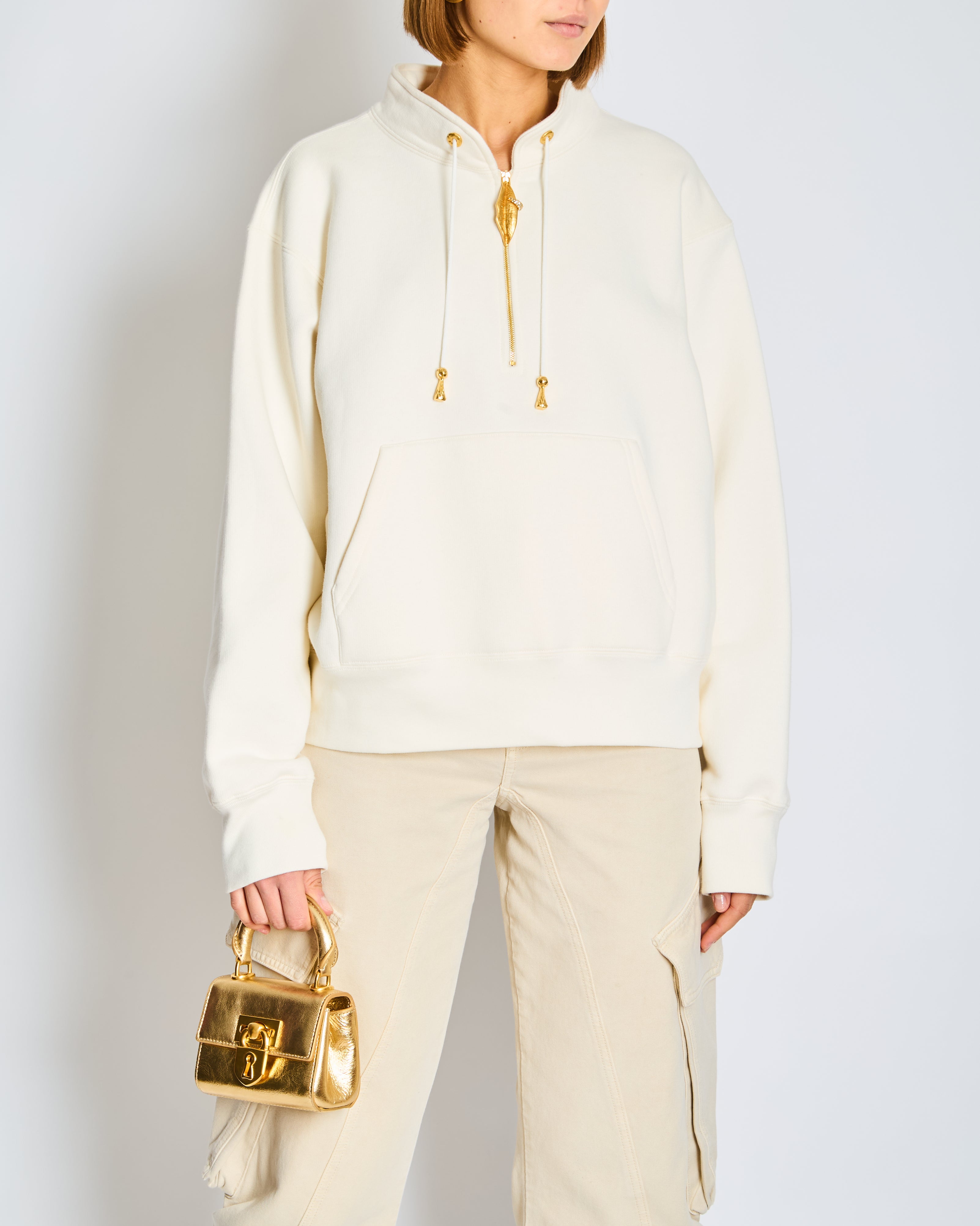 Schiaparelli Cream Sweatshirt with Gold Pierced Lip Zip Detail Size XL ...