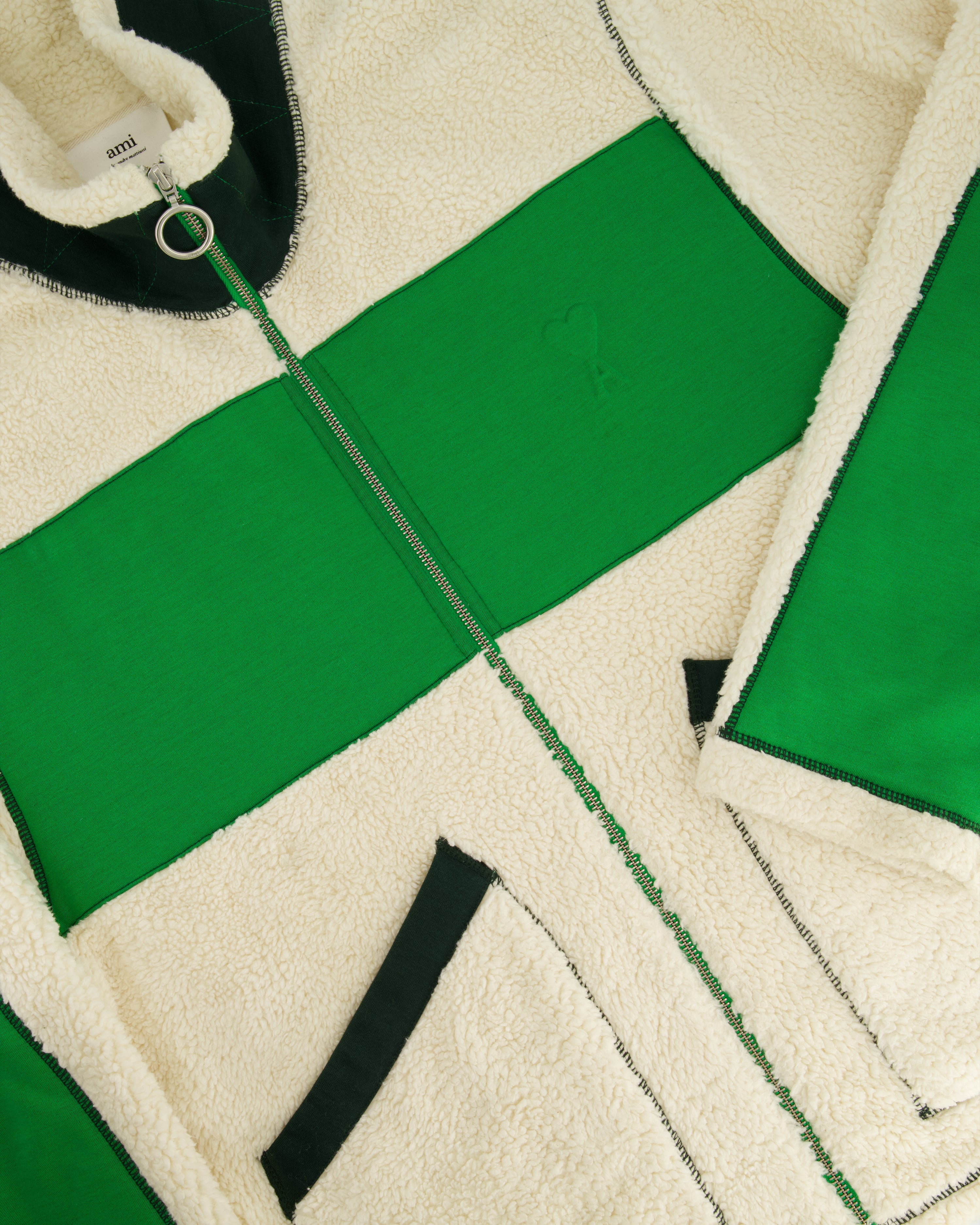 AMI De Coeur Menswear Zipped Teddy Off-White and Green Teddy Jacket Si ...
