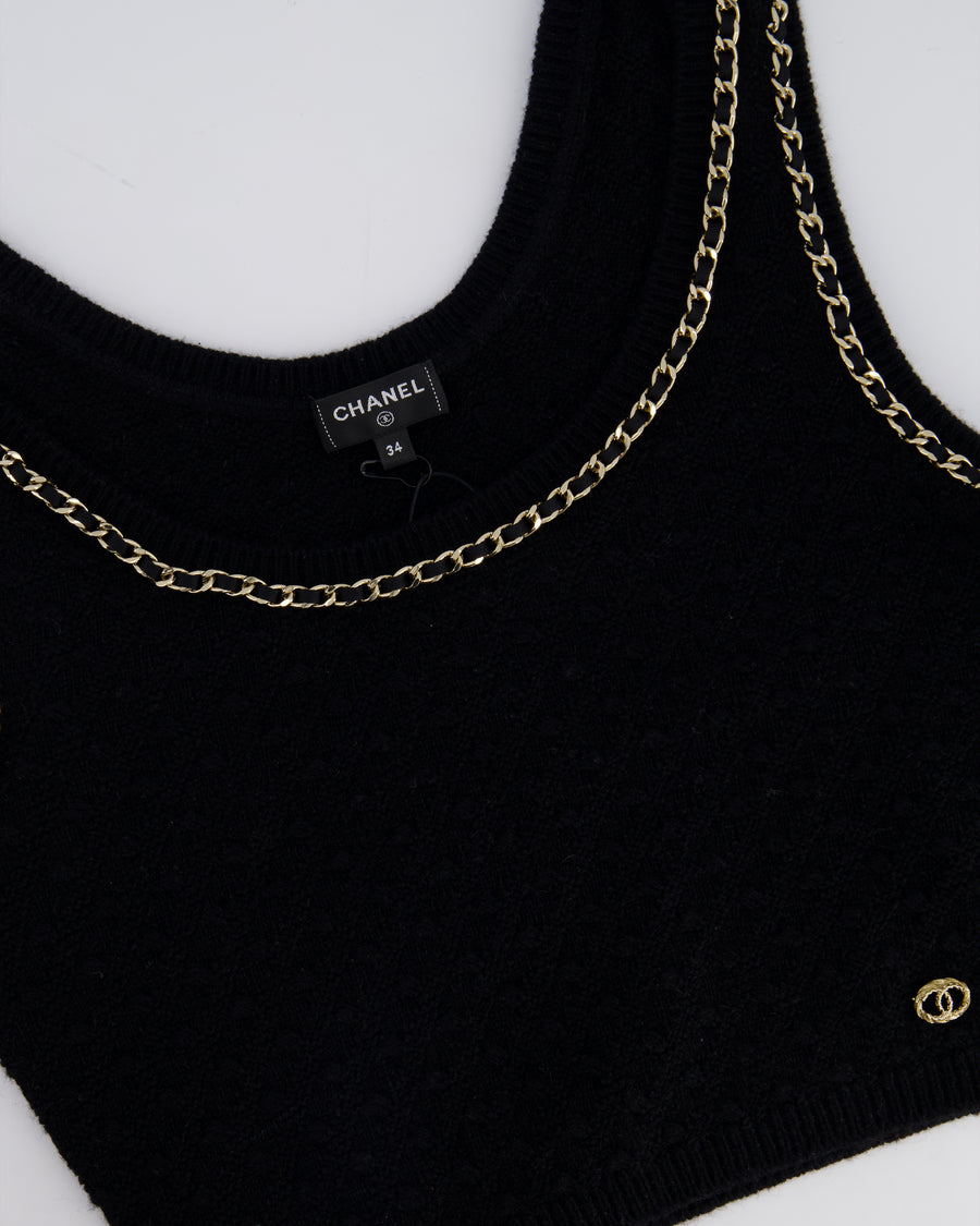 Chanel 23B Black Cashmere Knit Tank Top with Gold Chain and Logo Detai ...
