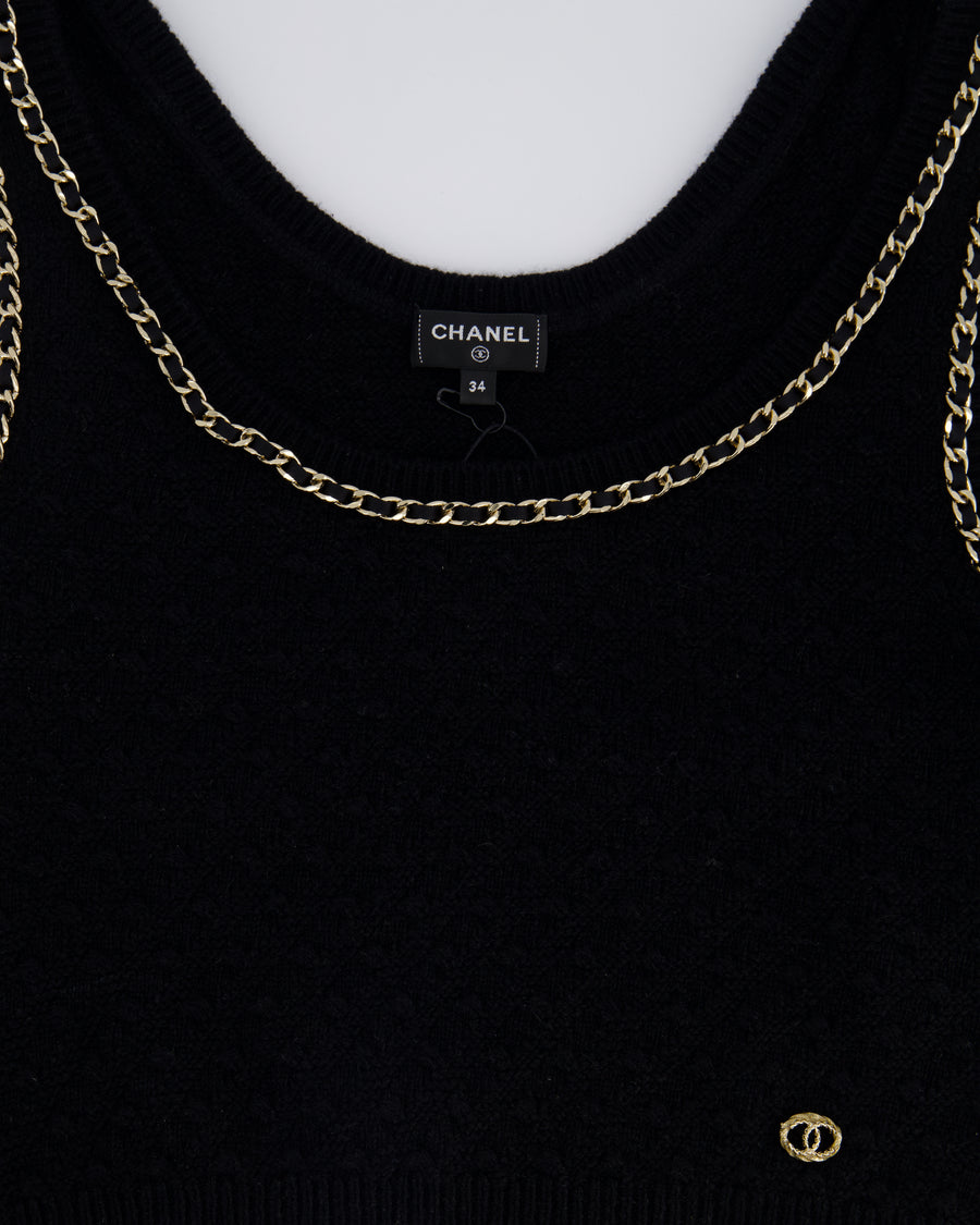 Chanel 23B Black Cashmere Knit Tank Top with Gold Chain and Logo Detai ...