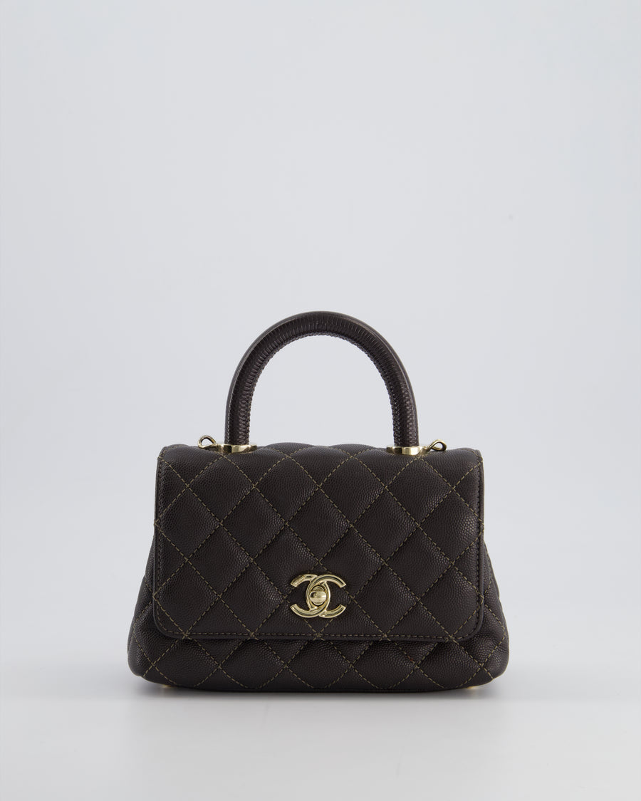 Chanel Mini Coco Top Handle Bag in Dark Brown Caviar Leather with Cham ...