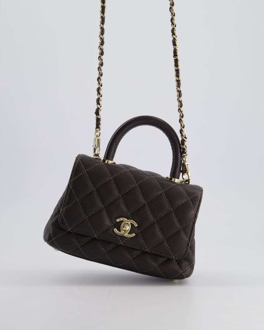 Chanel Mini Coco Top Handle Bag in Dark Brown Caviar Leather with Cham ...