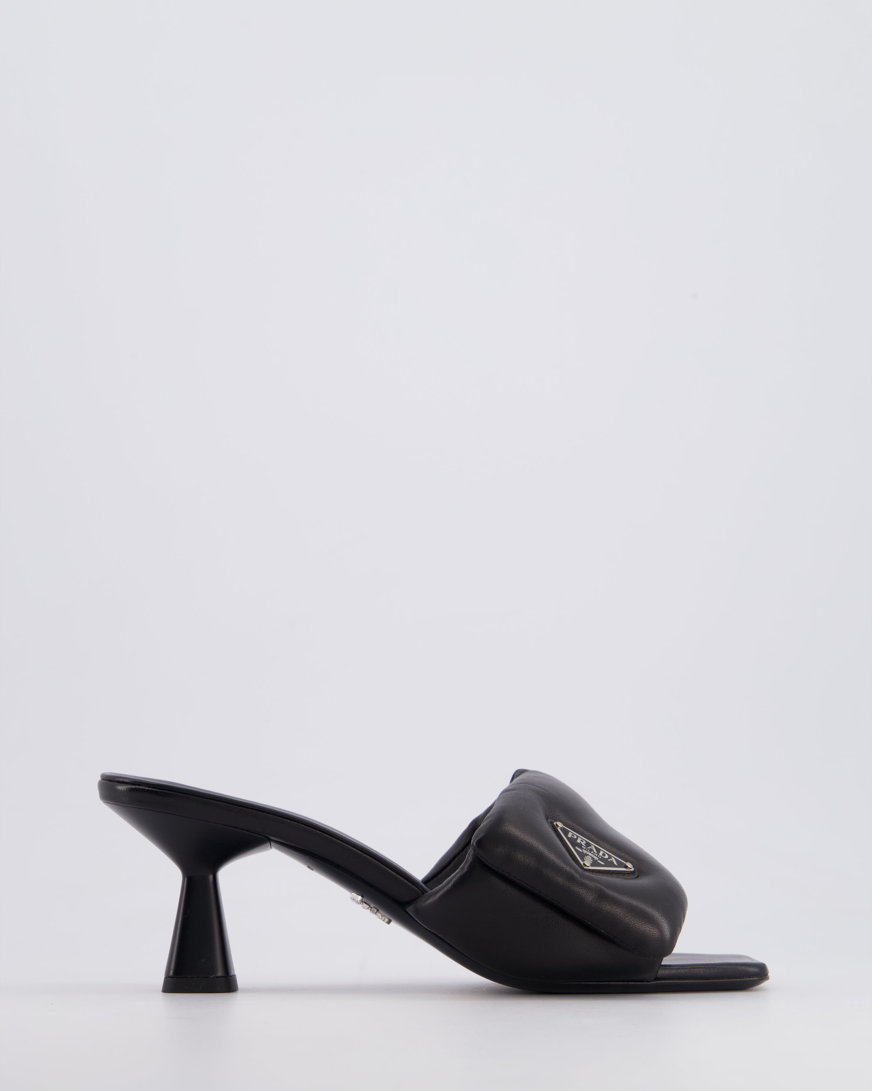 Prada Black Padded Mule Sandals With Silver Logo Detail Size EU 38 ...