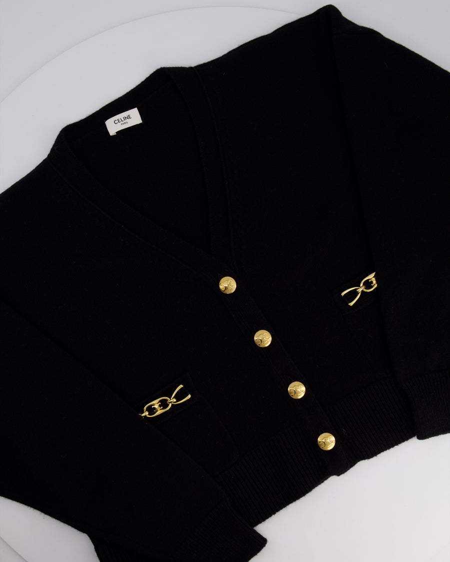 Celine Black Cashmere Cropped Long Sleeve Cardigan with Gold Triomphe ...