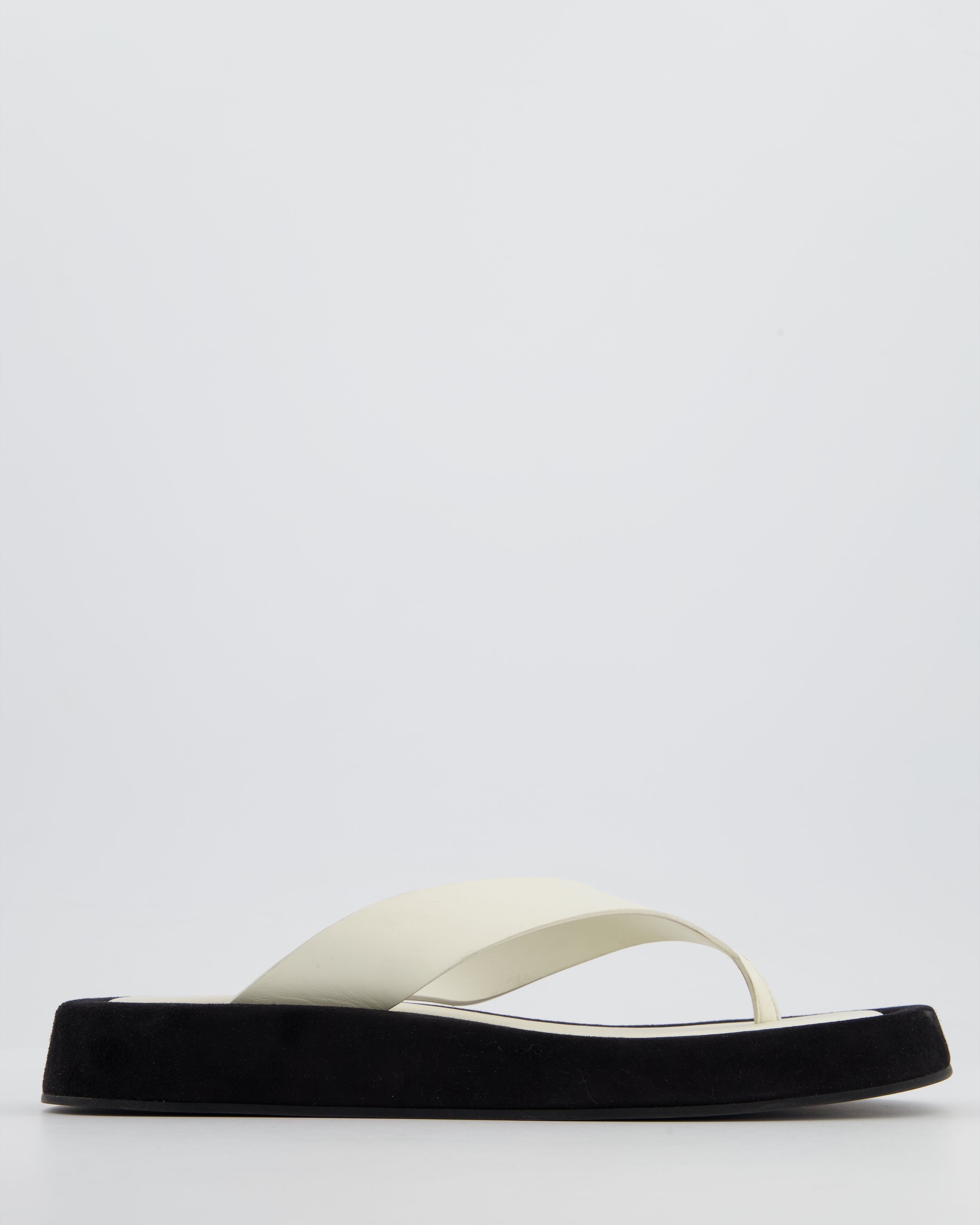 The Row Ginza White Calfskin & Black Suede Flip Flops with Suede Detai ...