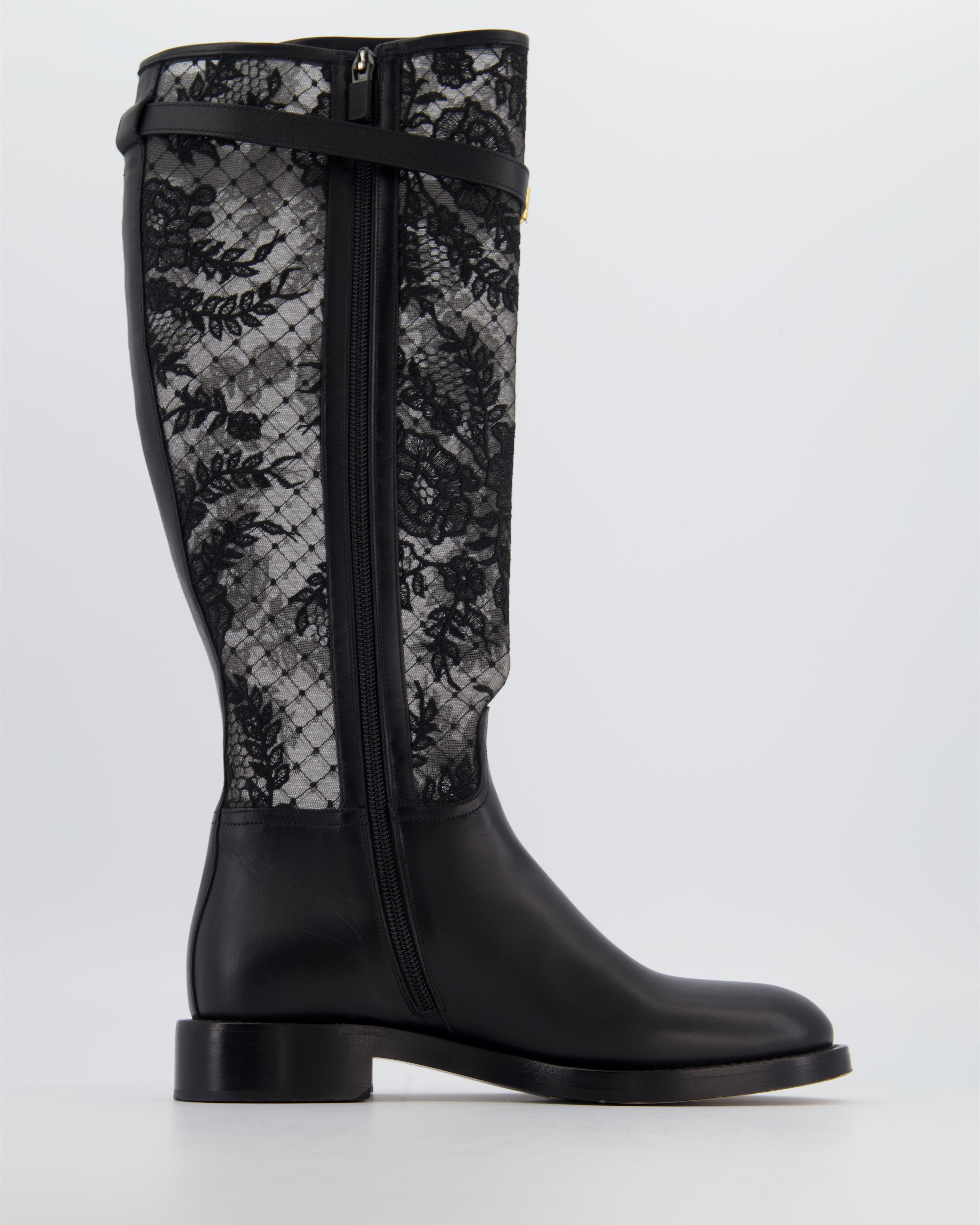 Christian Dior Black Knee High Leather Boots with Lace Detail and Gold ...